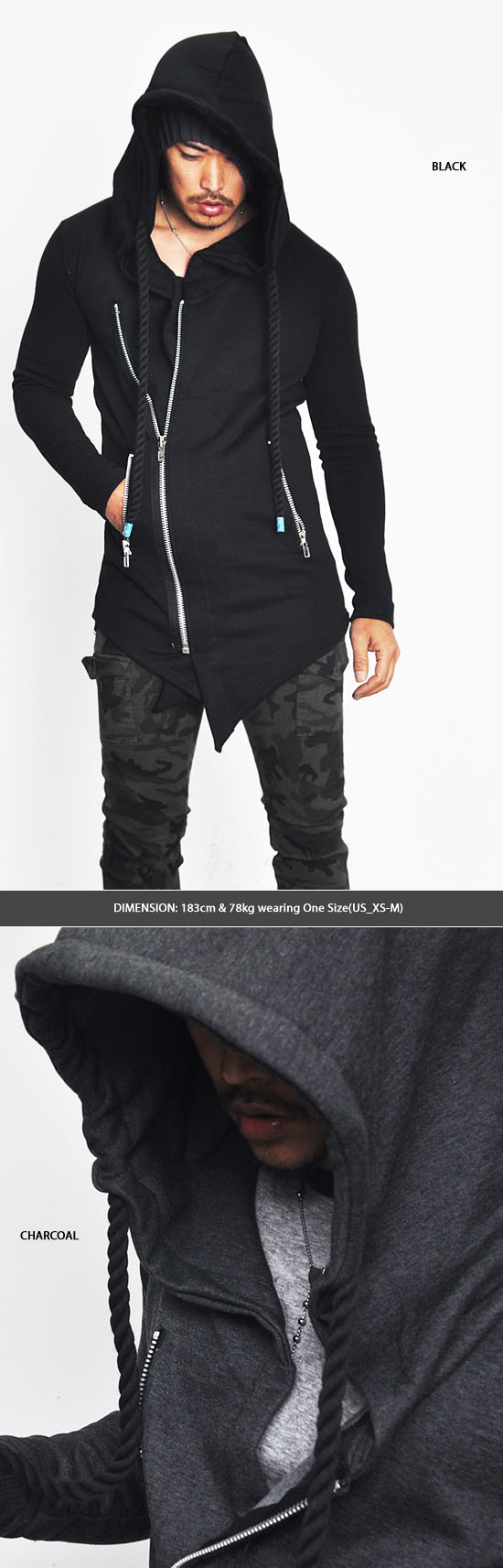 Tops :: Hoodies :: Diagonal Cut Big Hood Rope Jacket-Hoodie 48 ...